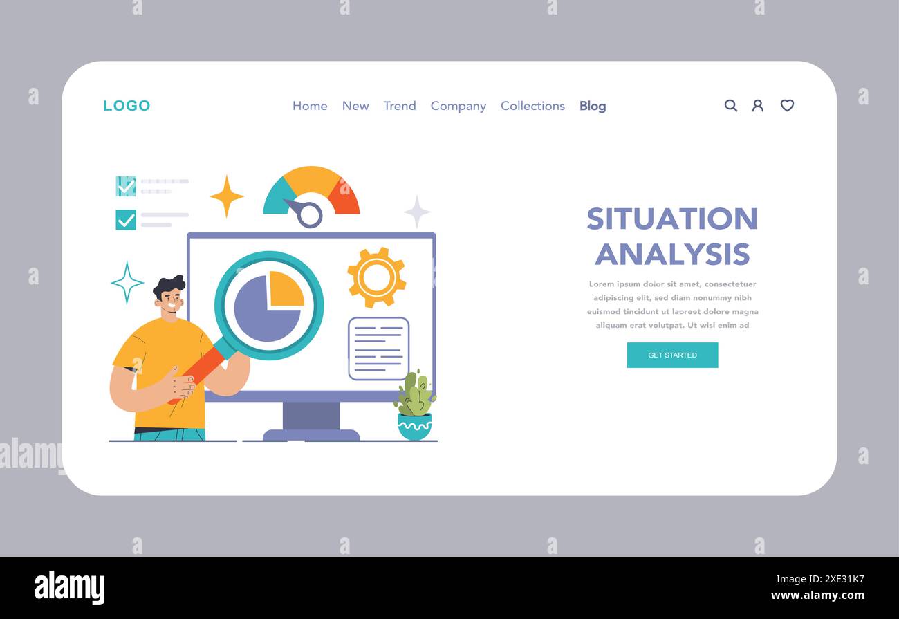Situation Analysis concept. Man scrutinizes pie chart on monitor, gears churn, checklist in play ...