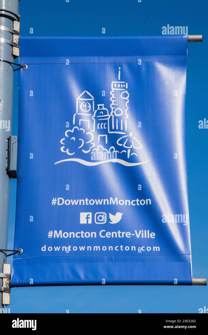 Downtown Moncton blue banner on Main Street in New Brunswick, Canada ...