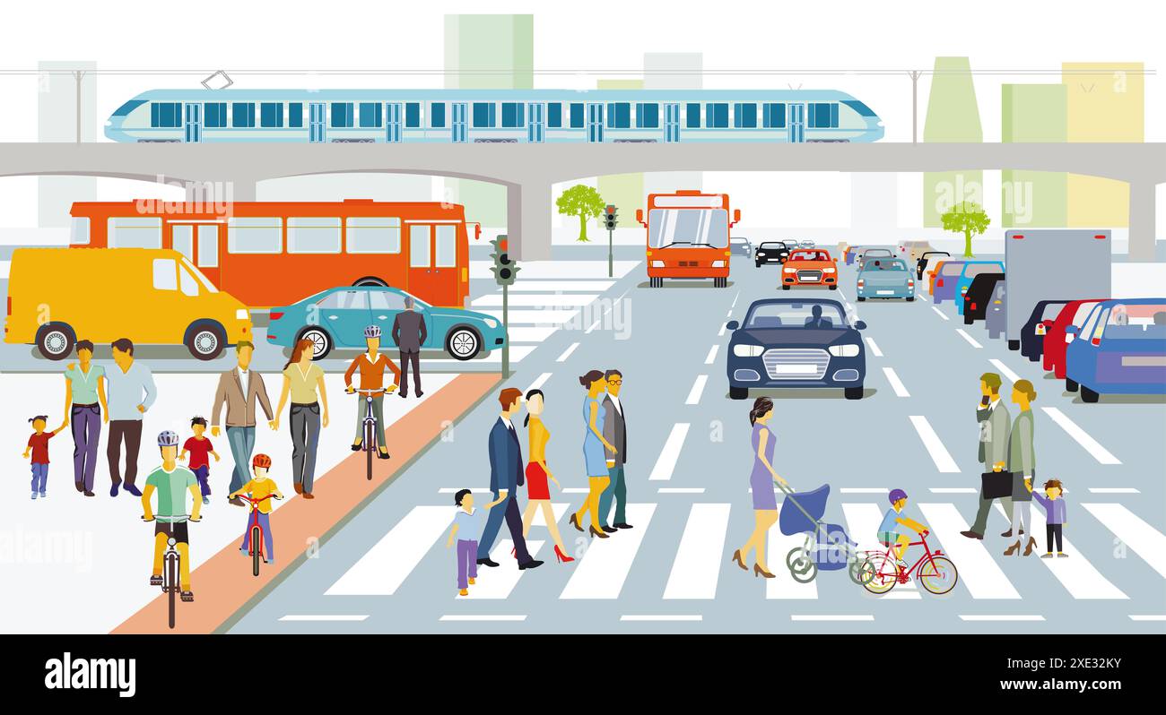 Road traffic and elevated train with city bus, people in the big city ...