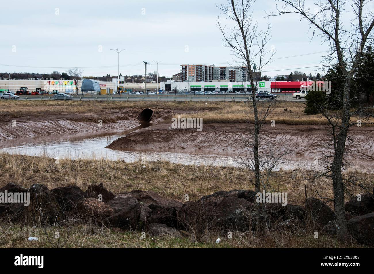 Petitcodiac River aka chocolate river in downtown Moncton, New ...