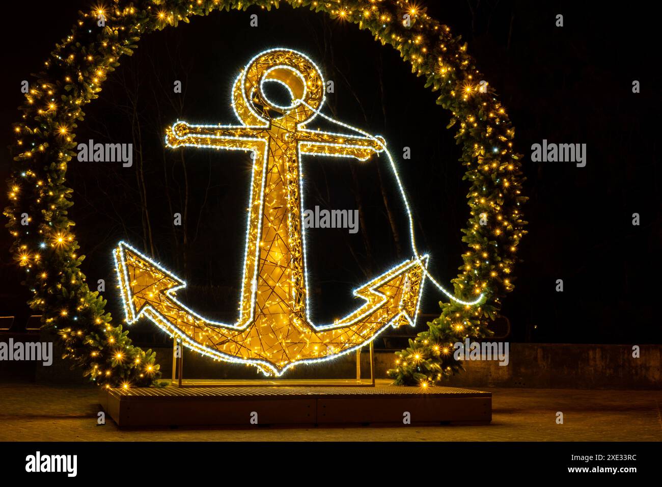 Ship Anchor Holiday illuminated decorations in Gdansk Poland. Beautiful ...