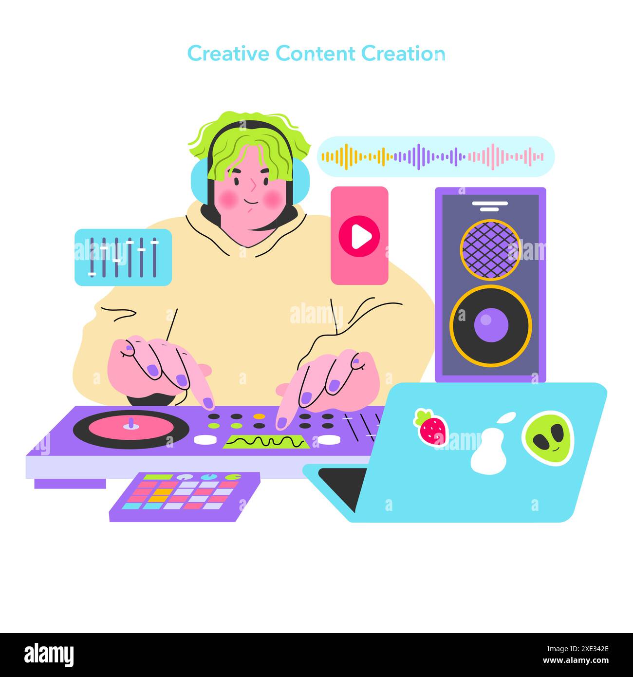 Digital Natives Concept. A vivid illustration of a content creator with ...