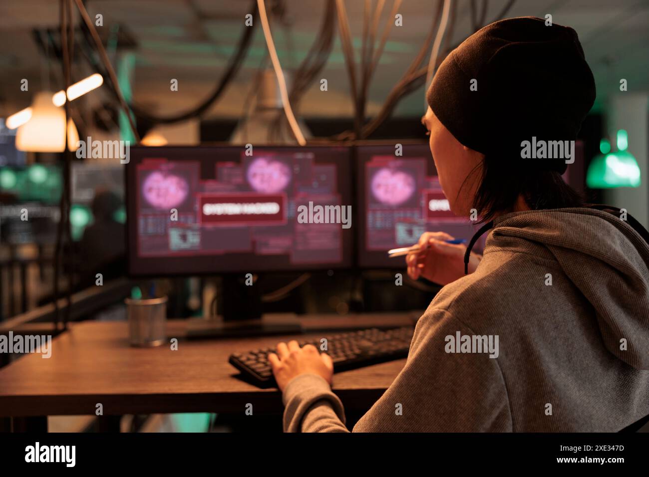 Male Criminal Reading System Hacked Alert On Pc Getting Access To Computer Database And