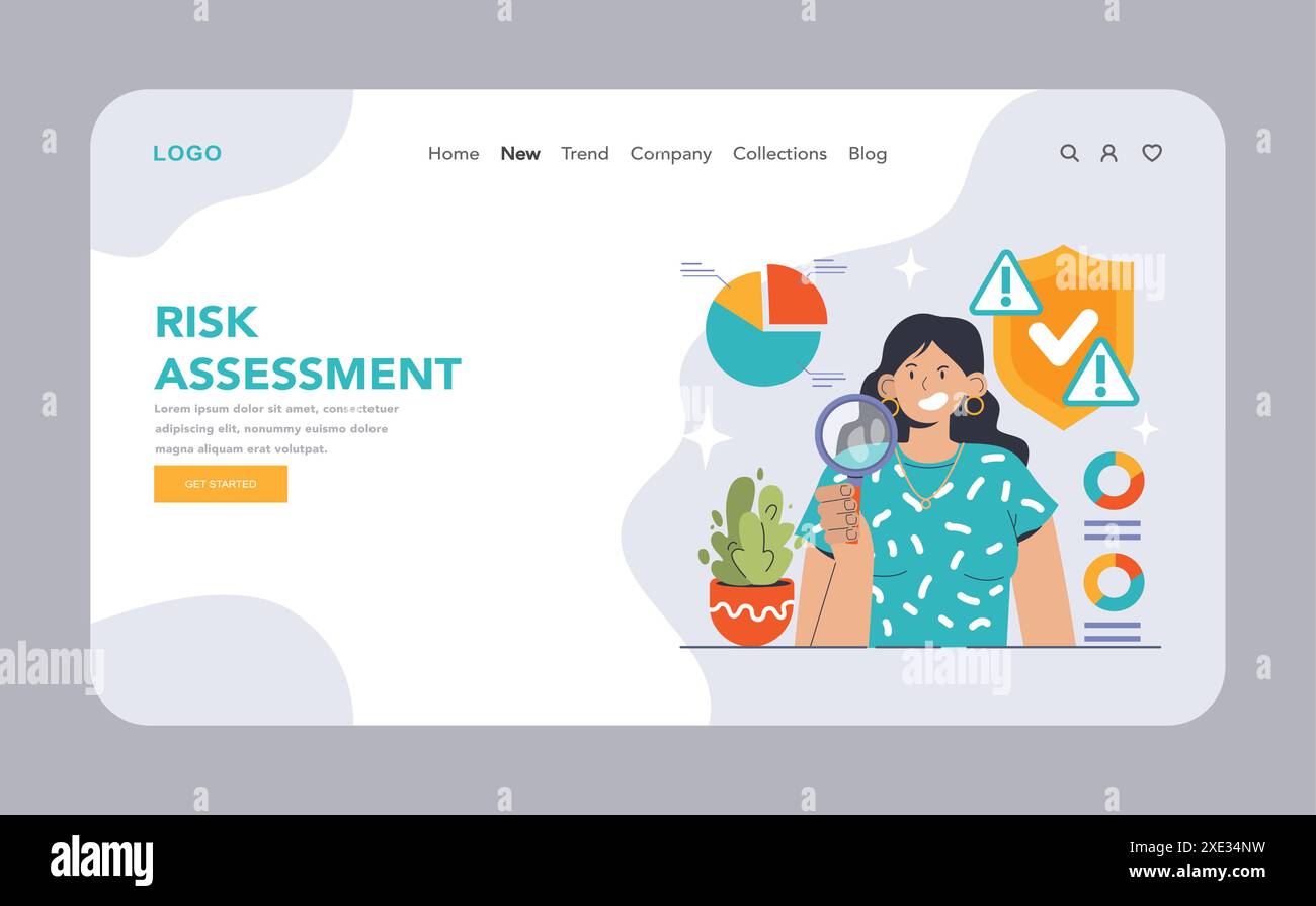 Risk Assessment concept. Expert woman with magnifying glass evaluates ...