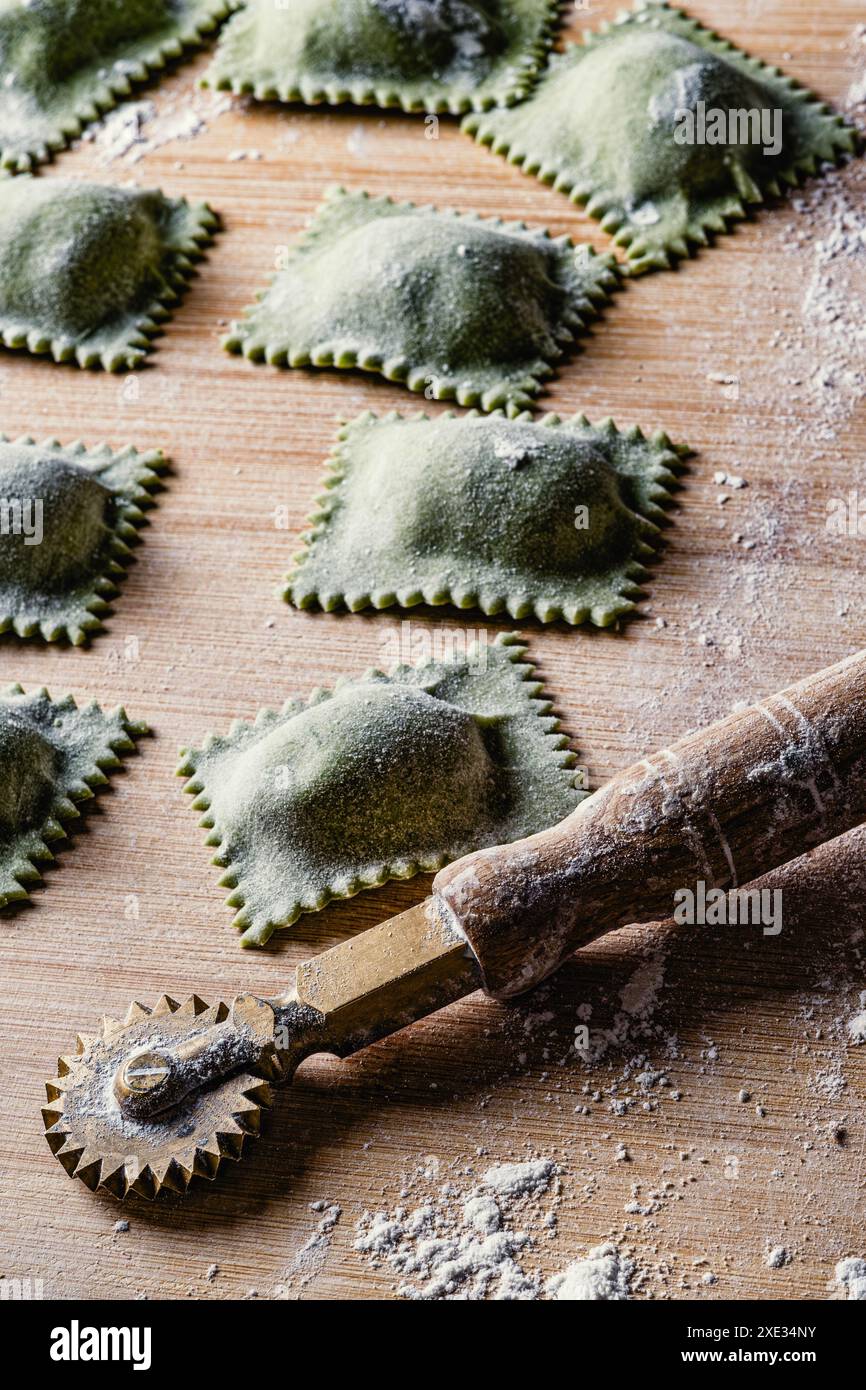Fresh handmade ravioli with spinach filling, fresh pasta made according ...