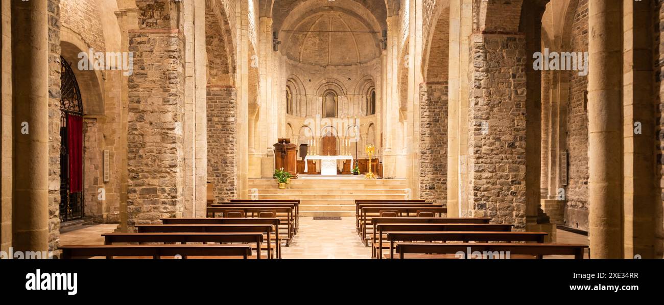 Ventimiglia - Italy - Interior of Romanic catholic cathedral with altar ...