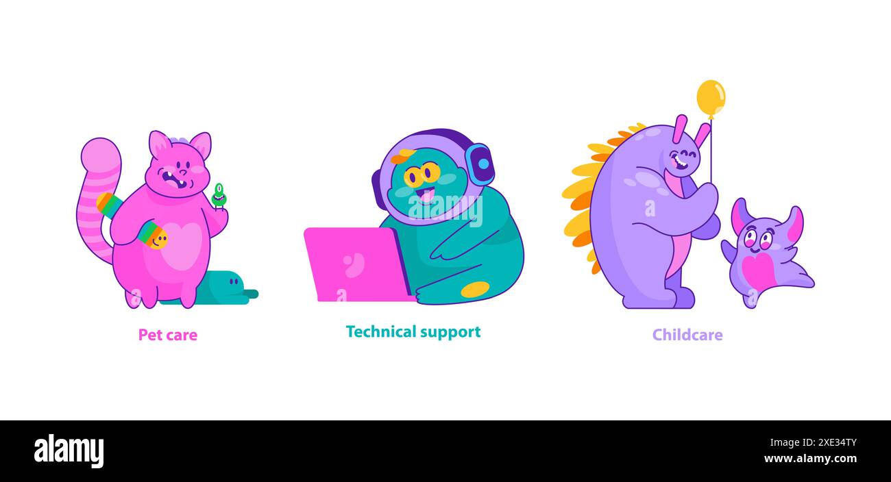 Monster Helpers set. Whimsical monsters providing pet care, technical ...