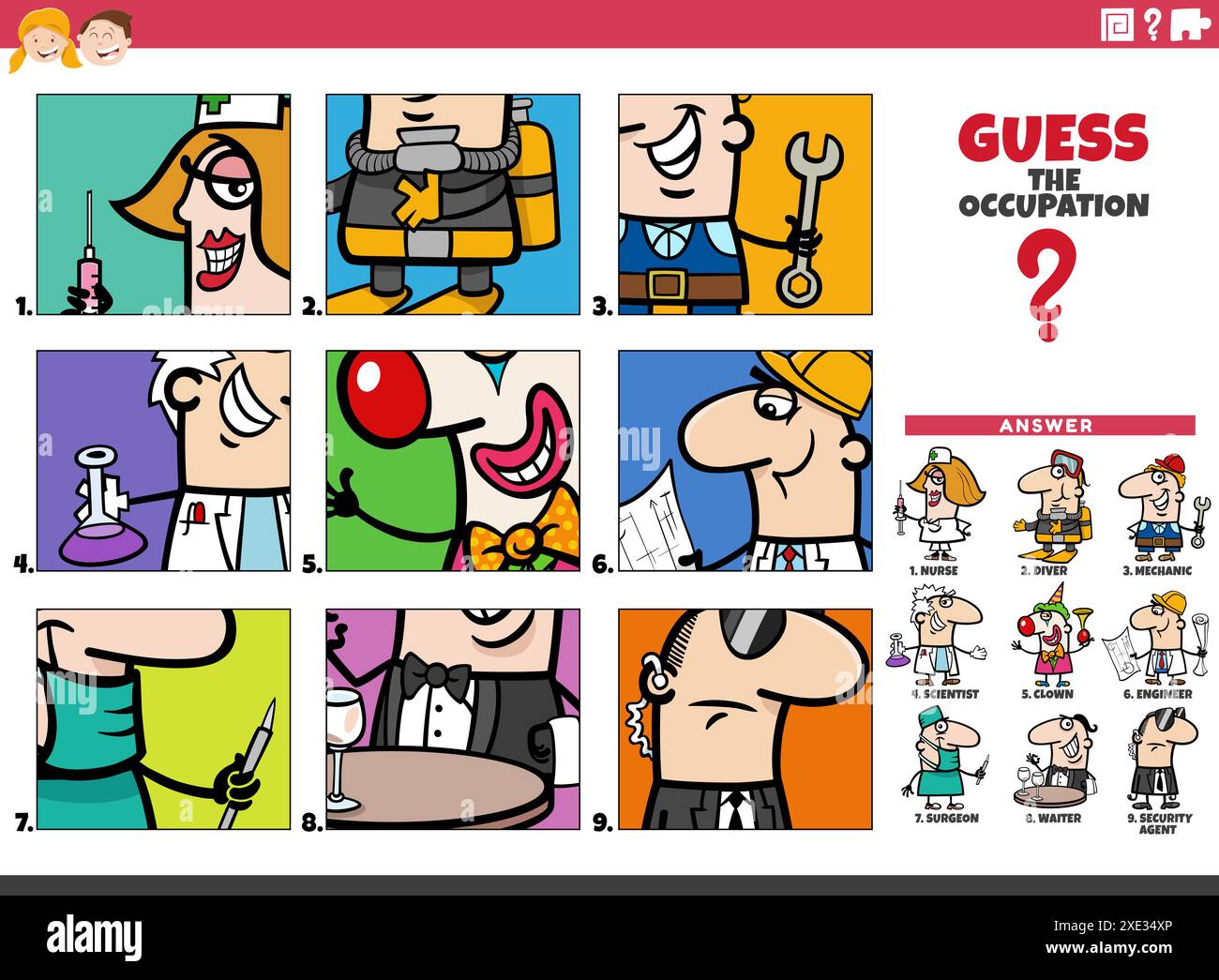 Guess the occupation cartoon educational activity Stock Photo - Alamy