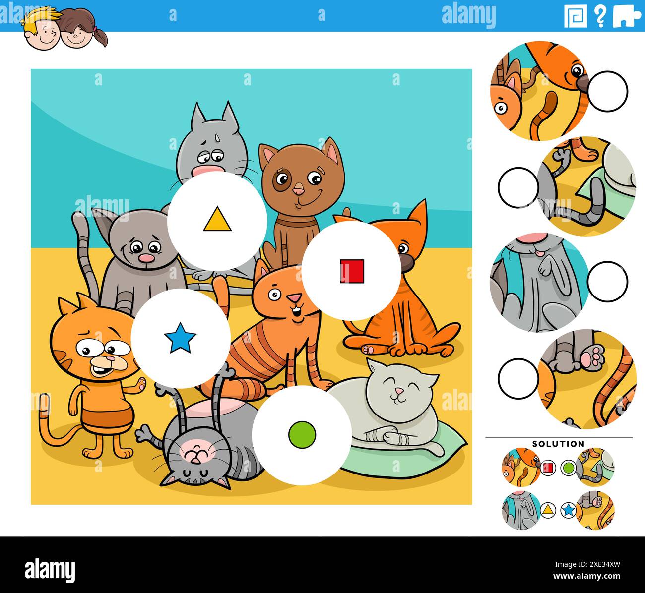 Match the pieces educational game with cartoon cats Stock Photo - Alamy