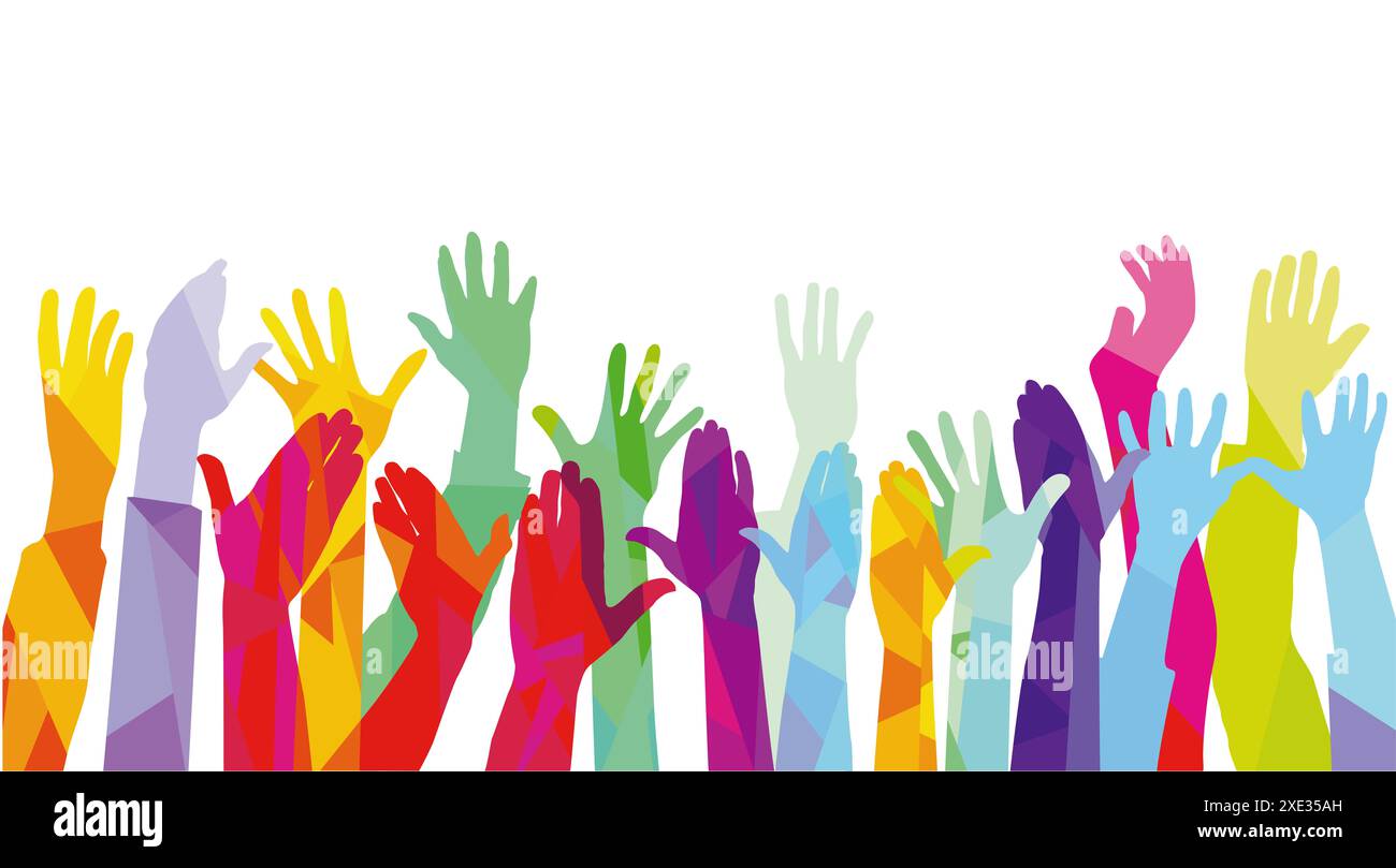 Colored hands cheer and stretch upwards, illustration Stock Photo - Alamy