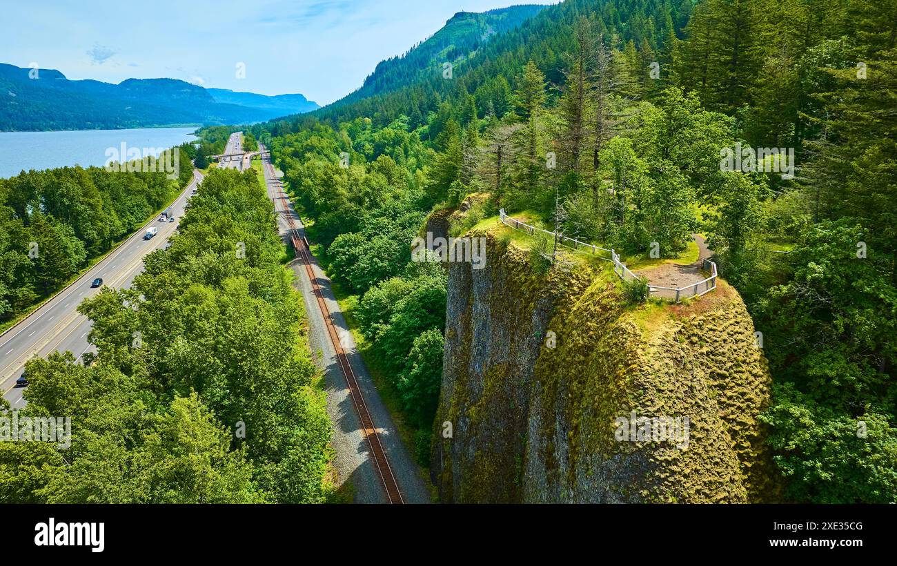 Aerial View of Columbia Gorge Forest Lake and Highway Connectivity ...