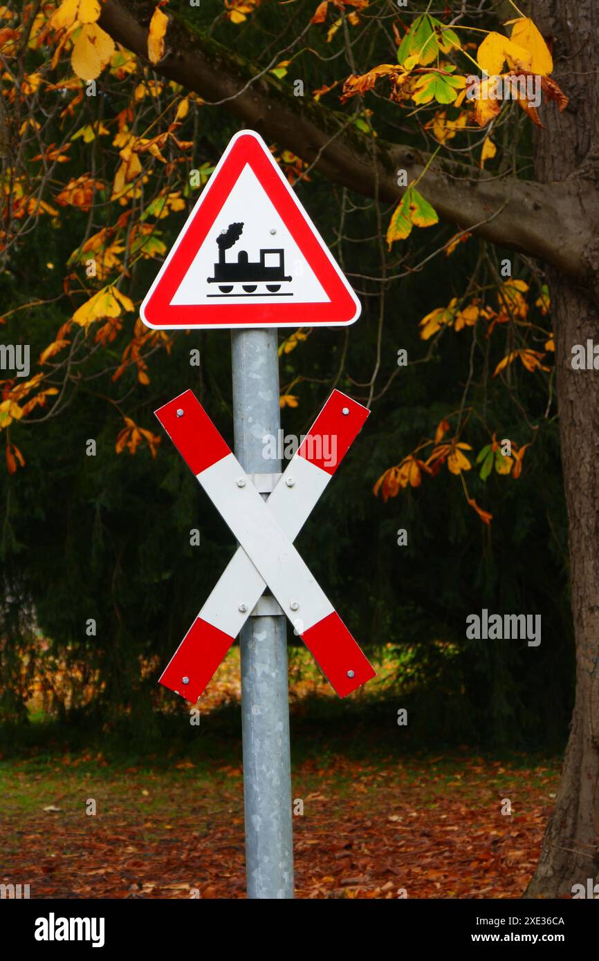 Warning sign attention to rail traffic Stock Photo - Alamy