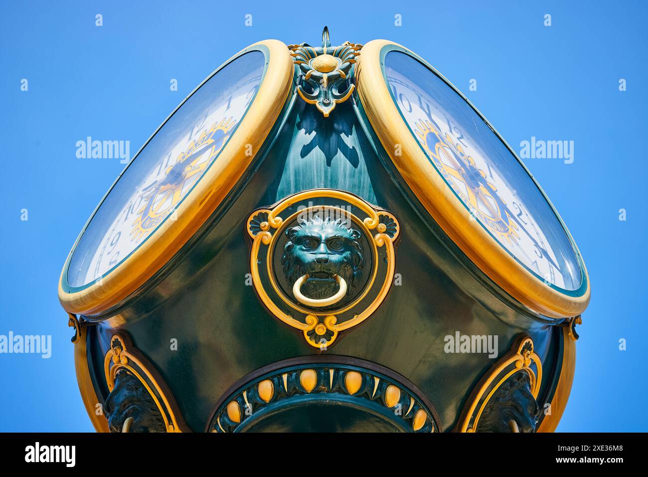 Ornate Blue and Gold Clock Tower with Lion Sculpture Upward Angle Stock ...