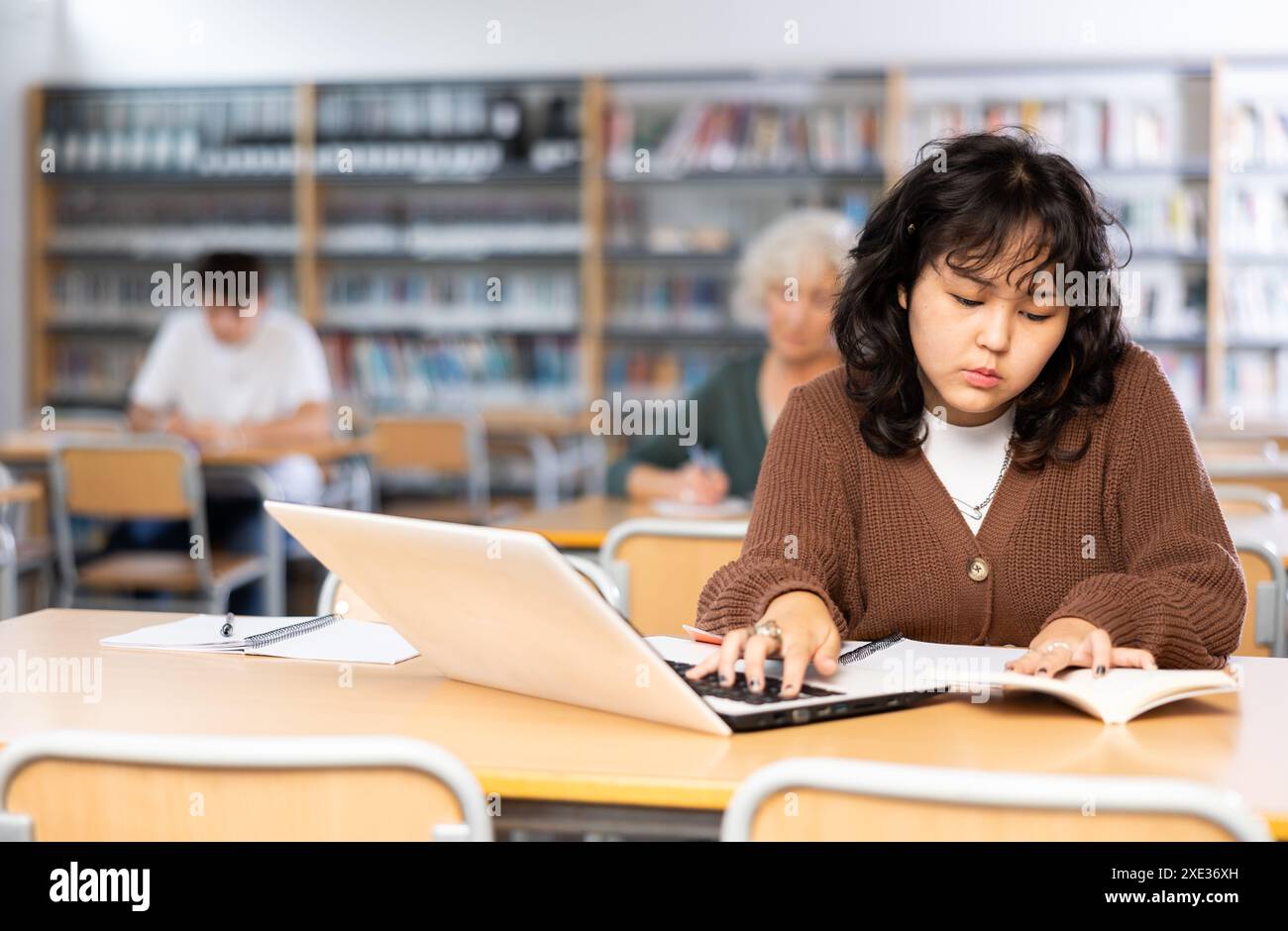 Fifteen-old-year schoolgirl doing homework in the school library Stock ...