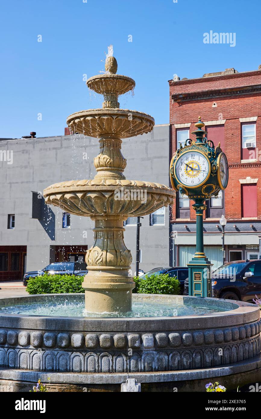 Ornate Fountain and Vintage Clock in Huntington Town Square Eye Level Perspective Stock Photo ...
