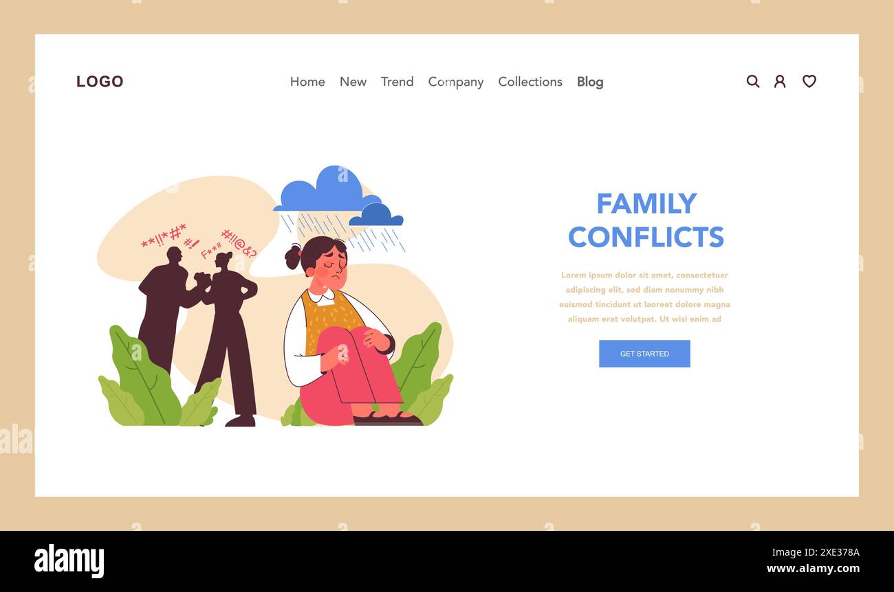 Family conflicts web or landing. Distressed girl amidst rain clouds ...
