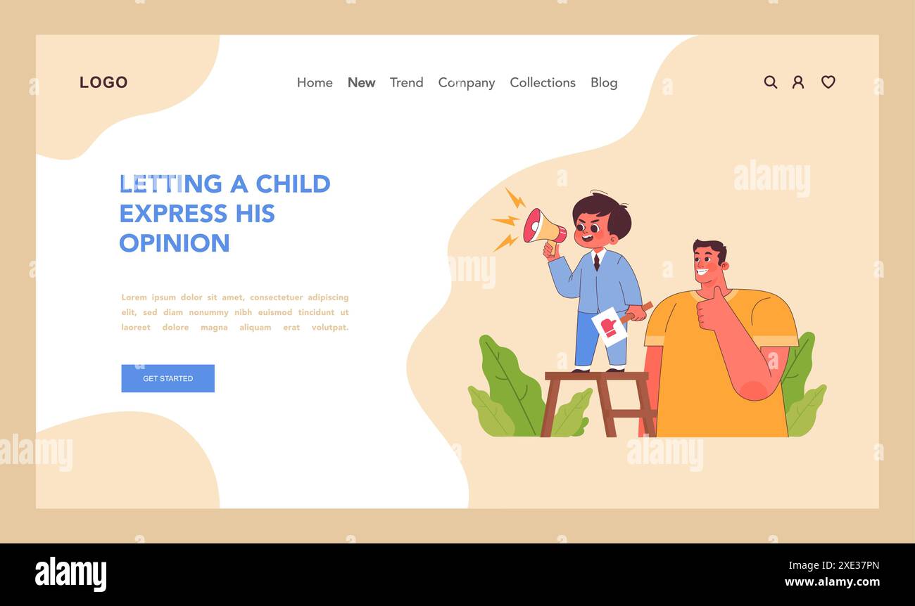 Child expression web or landing. Father appreciating as his son confidently voices out ...