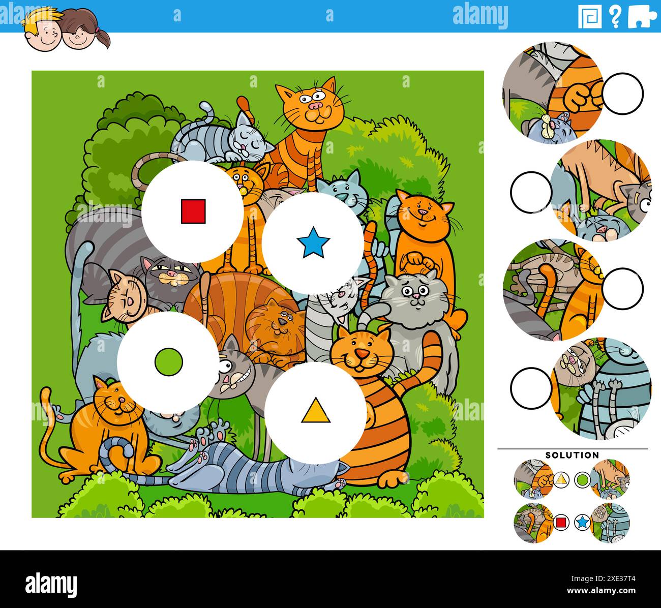Match the pieces educational game with cartoon cats Stock Photo - Alamy