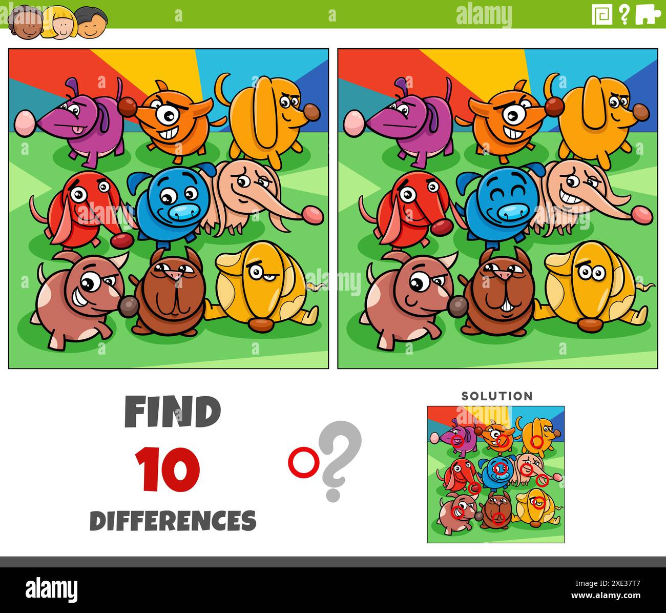Cartoon illustration of finding the differences between pictures educational activity with ...