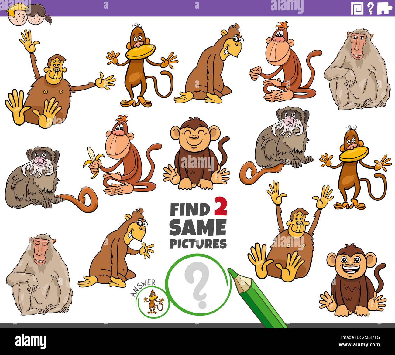 Find two same cartoon monkeys animals educational activity Stock Photo ...