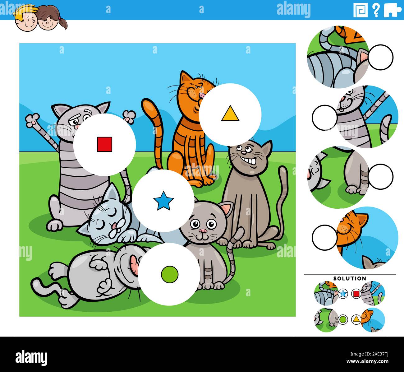 Match the pieces educational game with cartoon cats Stock Photo - Alamy
