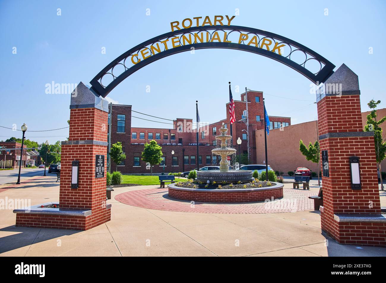 Rotary Centennial Park Entrance with Fountain and Flags Mid-Morning ...