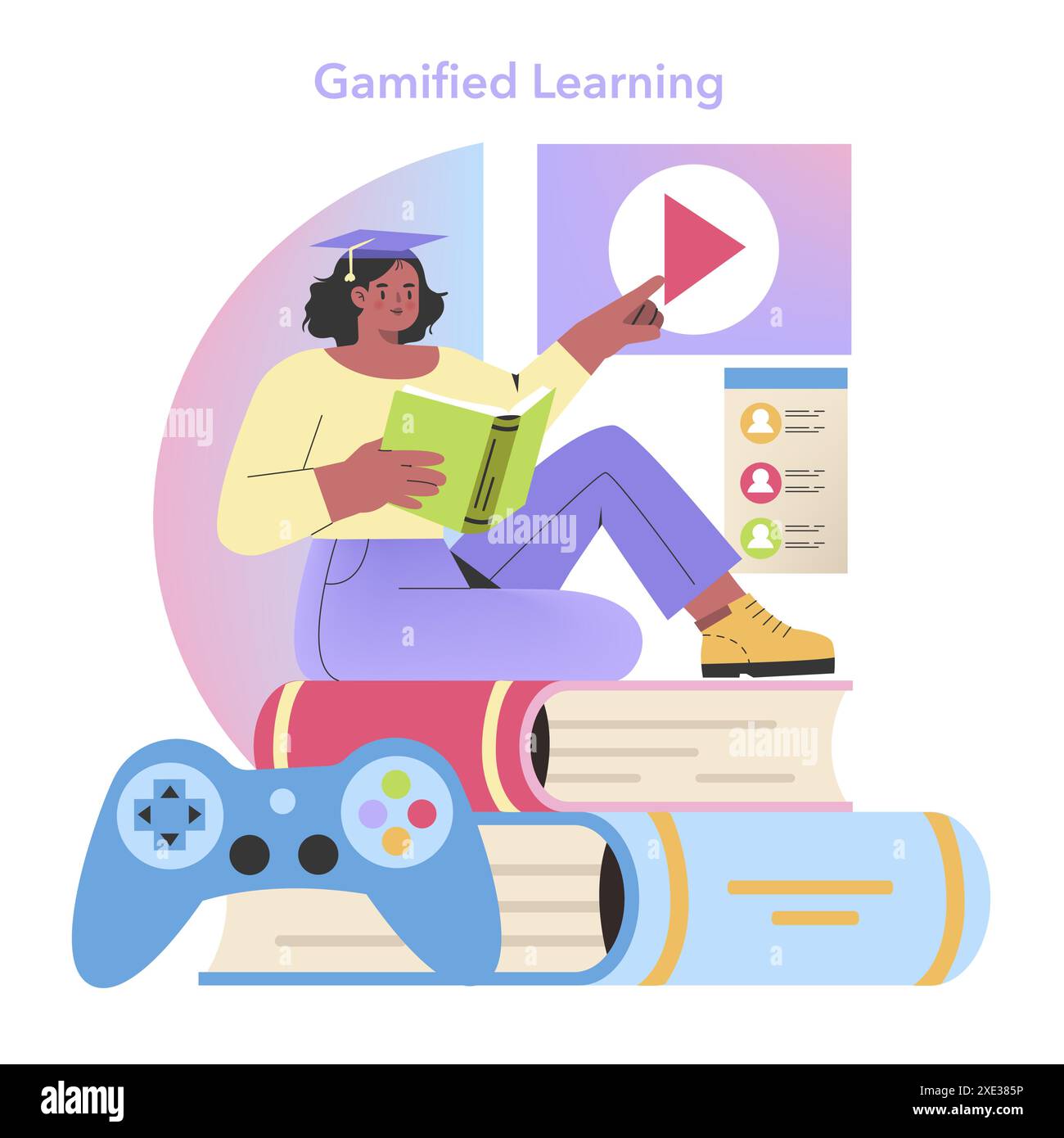 Gamified Learning concept. A young student interacts with digital ...
