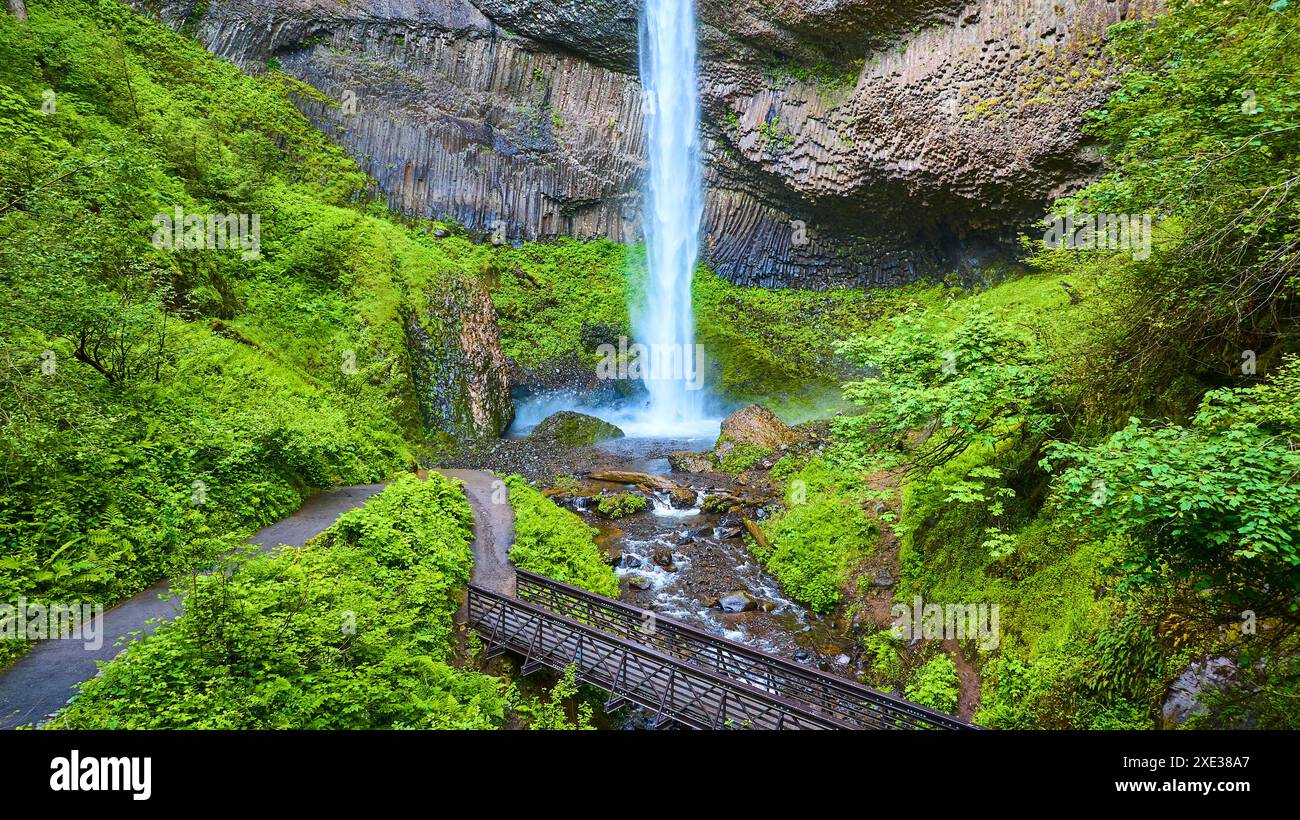 Aerial View of Latourell Falls Cascading Down Basalt Cliff in Lush ...