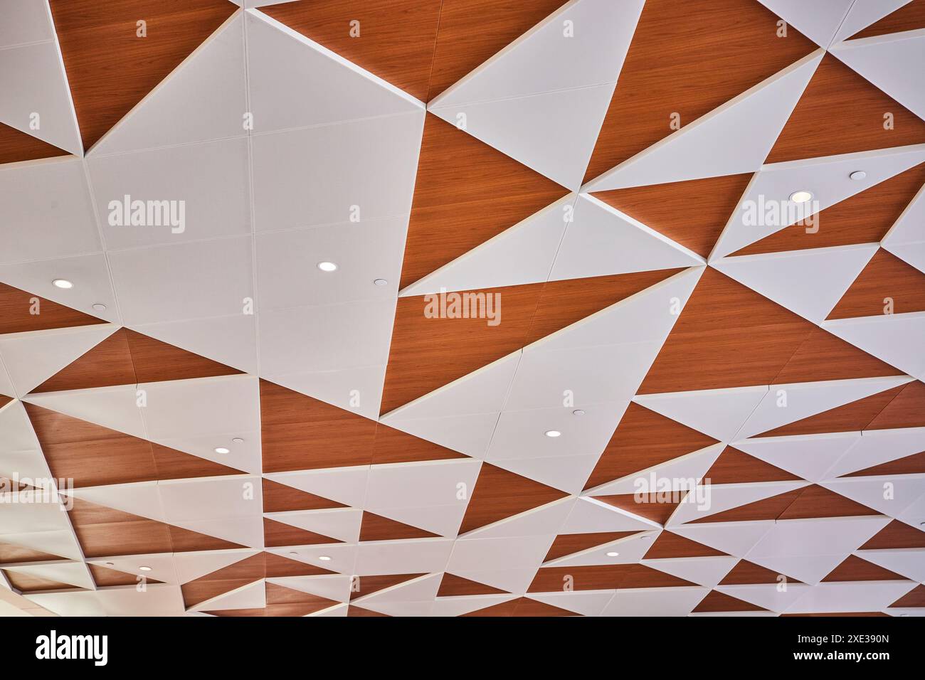 Geometric Wooden Ceiling with Triangular Panels Eye-Level View Stock ...