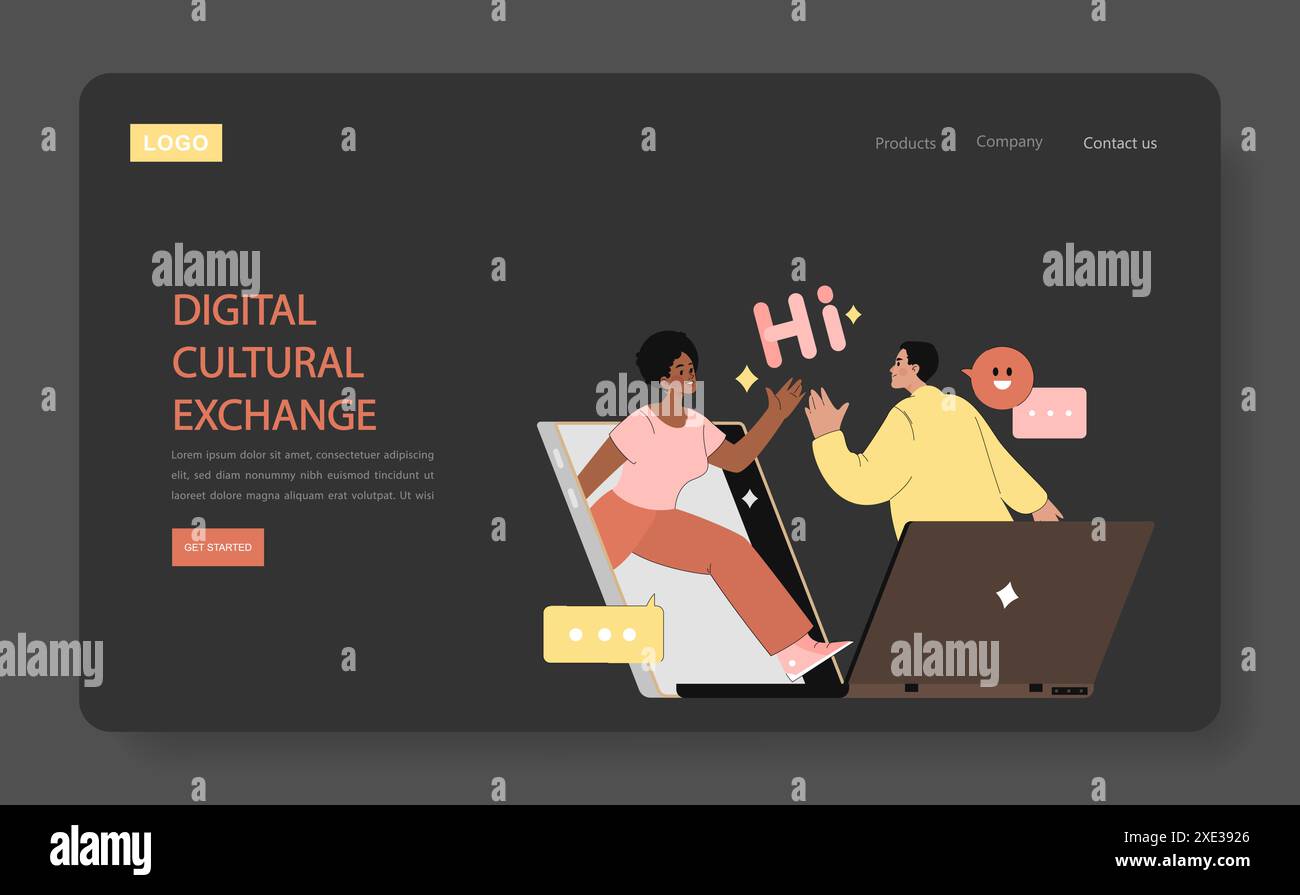 Digital Cultural Exchange concept. Two individuals connect across a laptop screen, exchanging ...