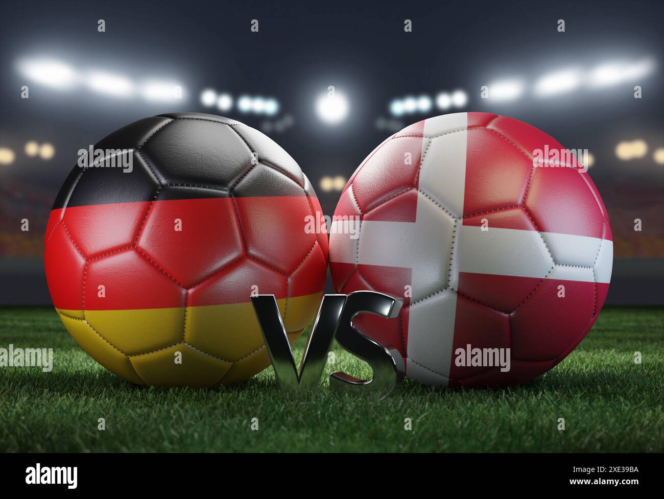 Two soccer balls in flags colors on a stadium blurred background ...