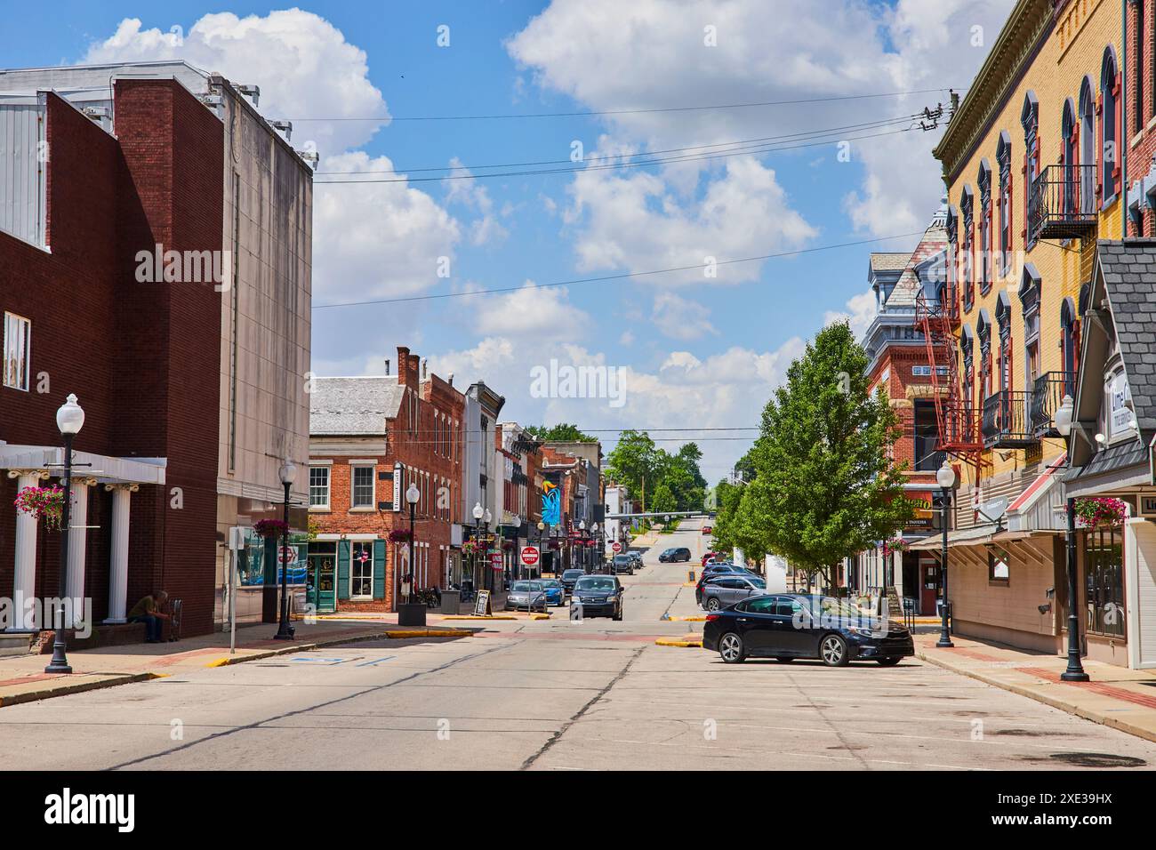 Charming Small-Town Main Street in Motion Eye-Level Perspective Stock ...