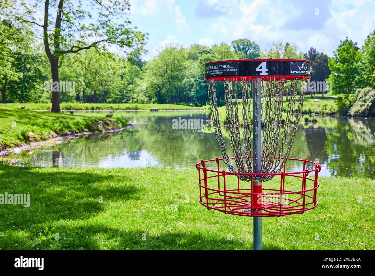 Disc Golf Basket in Peaceful Park with Pond and Trees at Eye Level ...