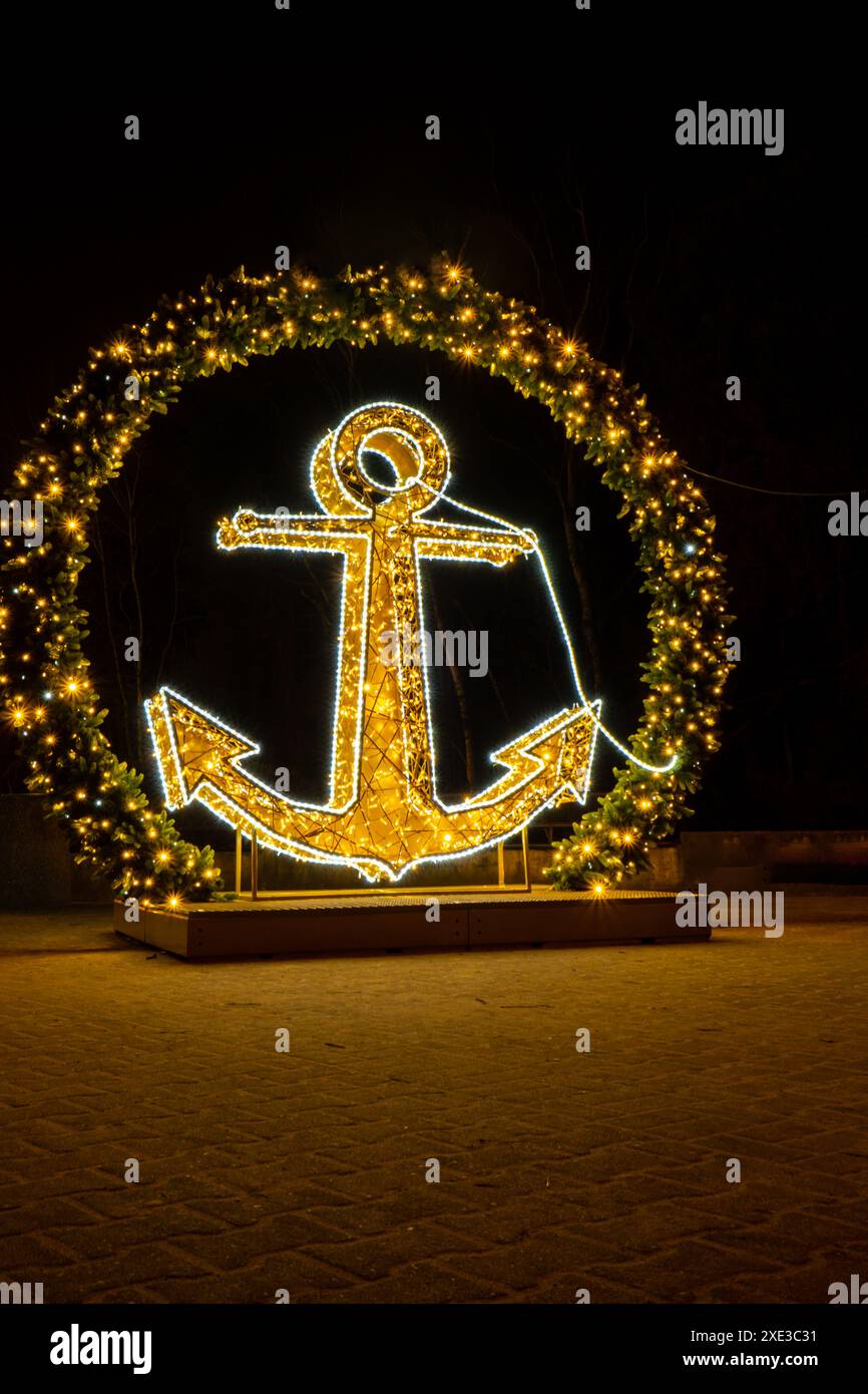 Ship Anchor Holiday illuminated decorations in Gdansk Poland. Beautiful ...