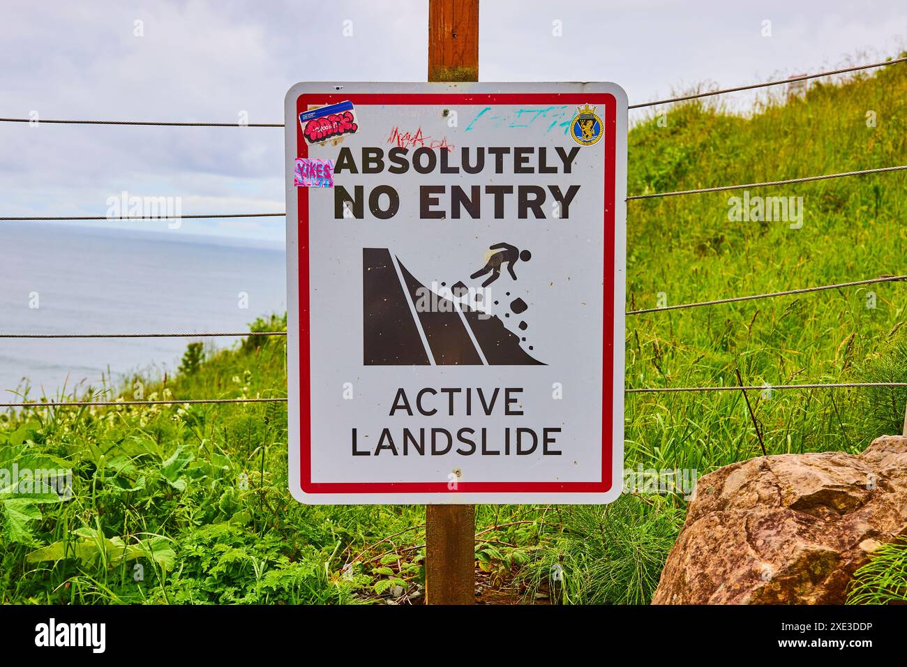 Warning Sign and Barbed Wire at Active Landslide Coastal View Stock ...