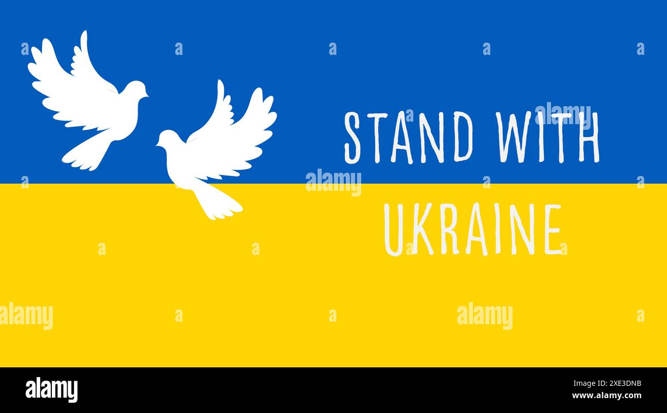 Text on Ukrainian flag Stand with Ukraine. Flying peace dove logo ...