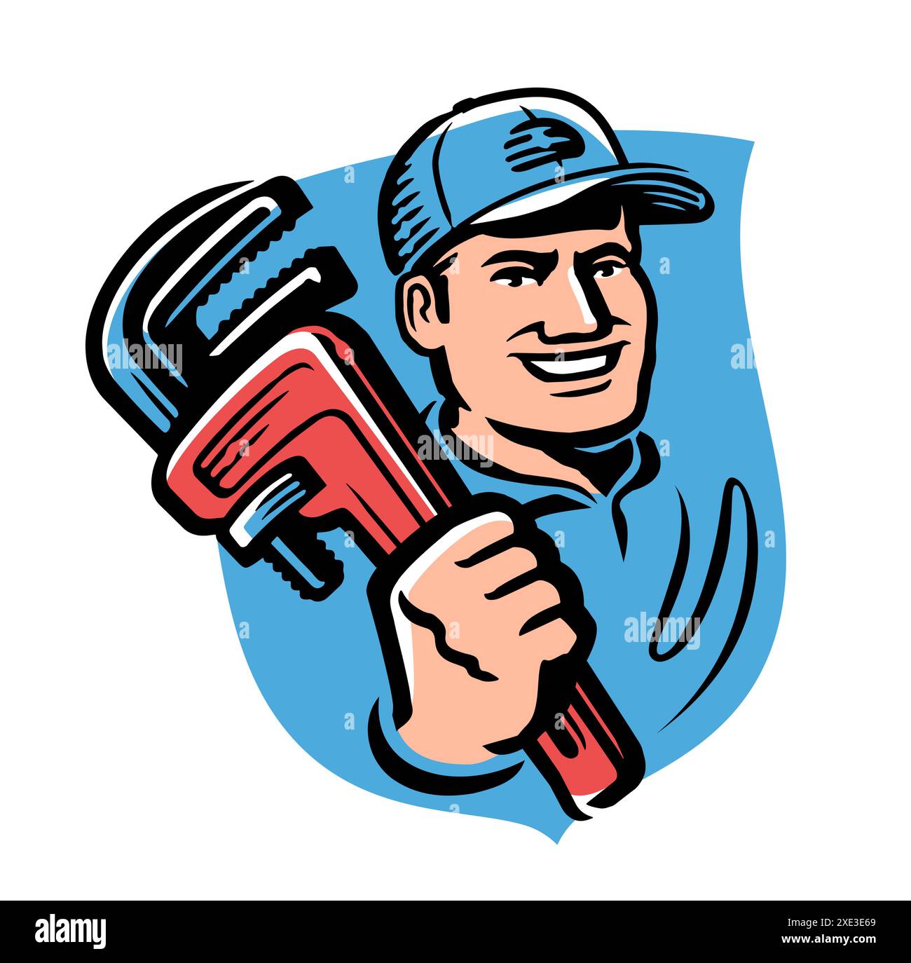 Happy plumber with adjustable wrench tool, emblem. Plumbing work and ...