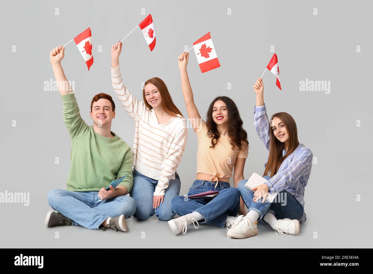 Group of students with flags of Canada sitting on grey background Stock ...