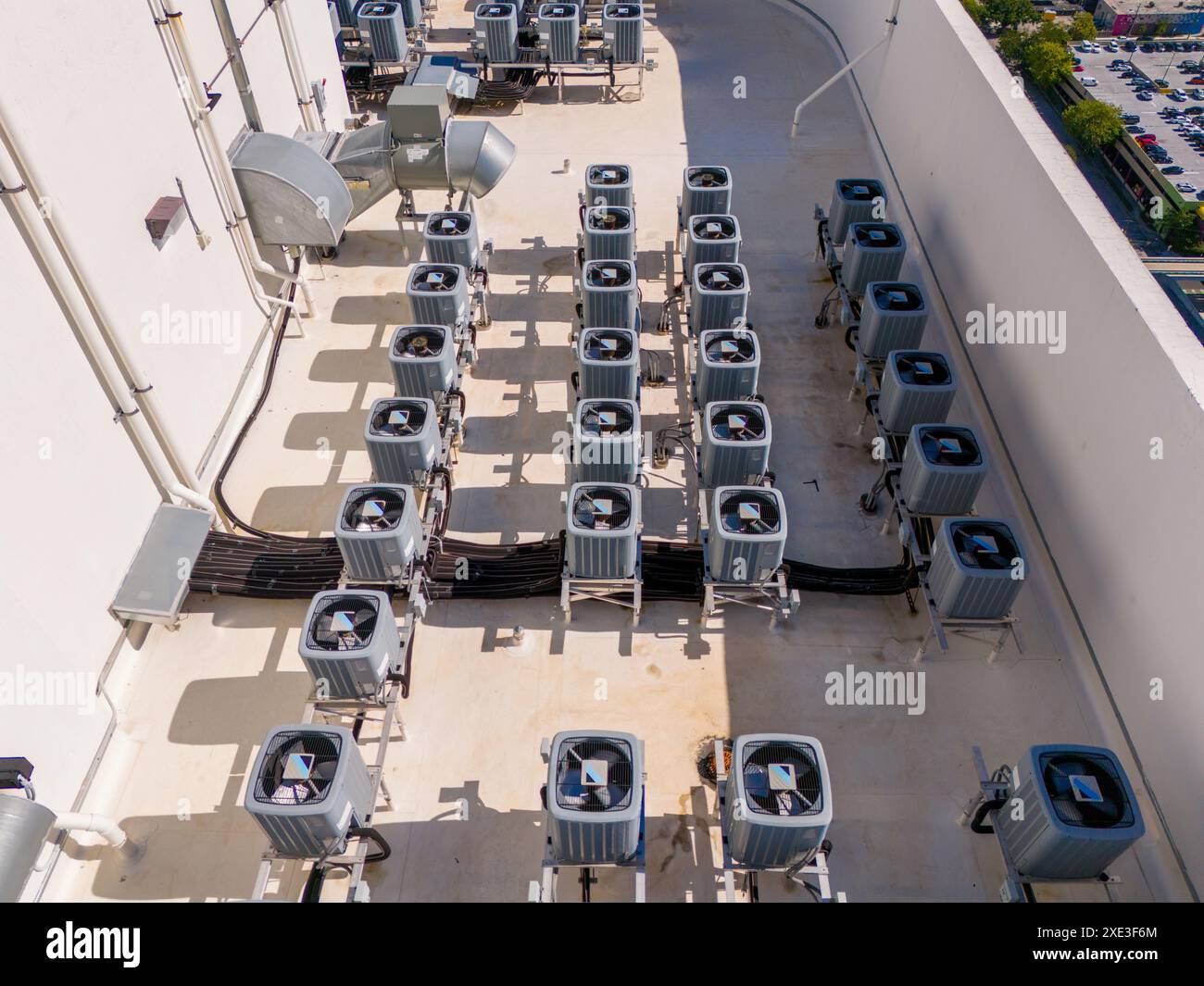 HVAC rooftop fans. Aerial drone inspection photo Stock Photo - Alamy