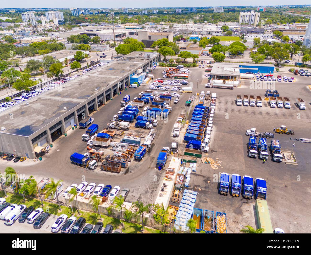 County trash collection HQ. Aerial drone photo of garbage trucks at a ...
