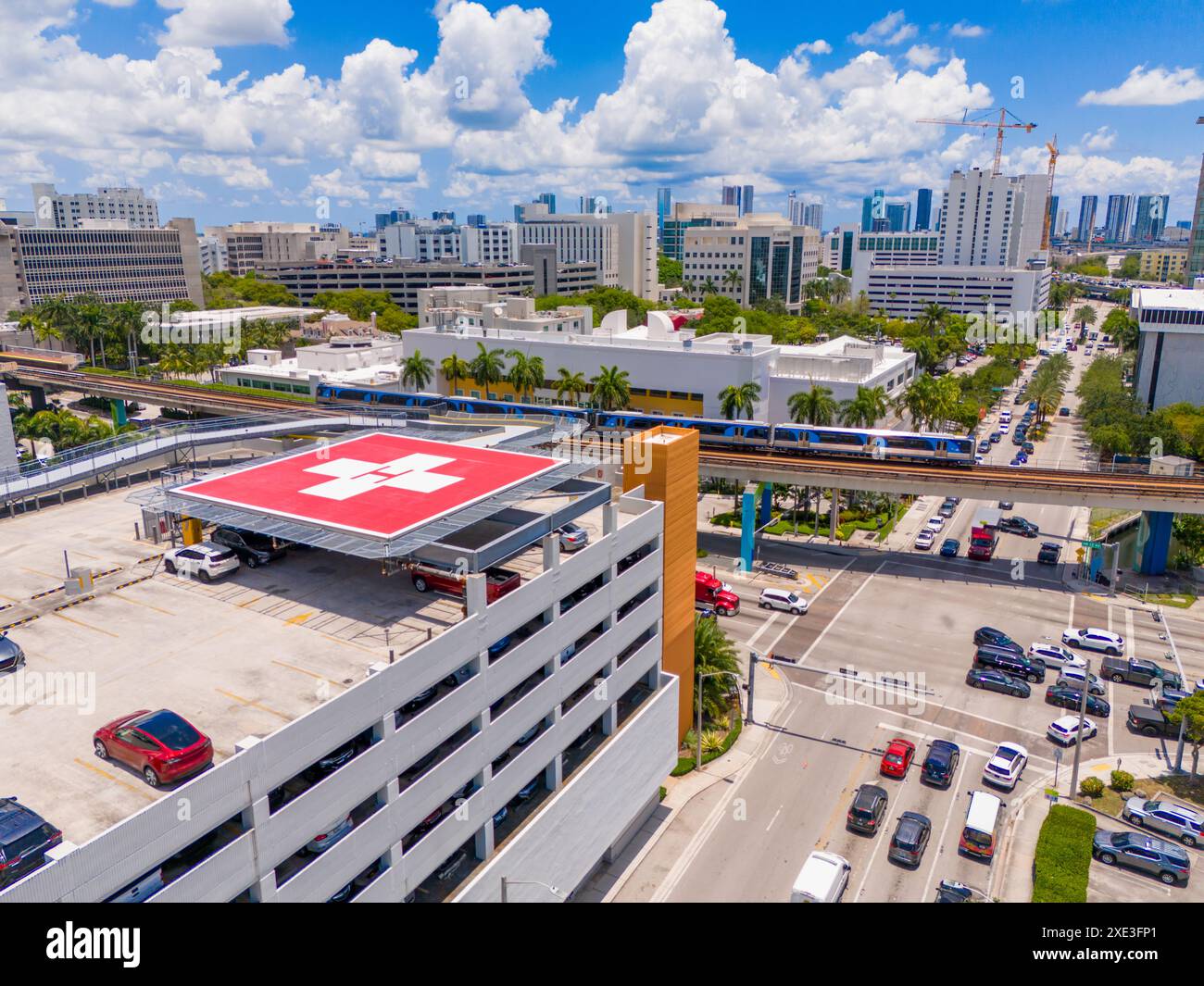 Helipad. Helicopter landing pad at a hospital. Aerial photo red H cross ...