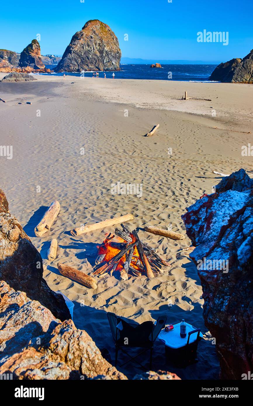 Campfire on Sandy Beach with Driftwood at Harris Beach State Park ...