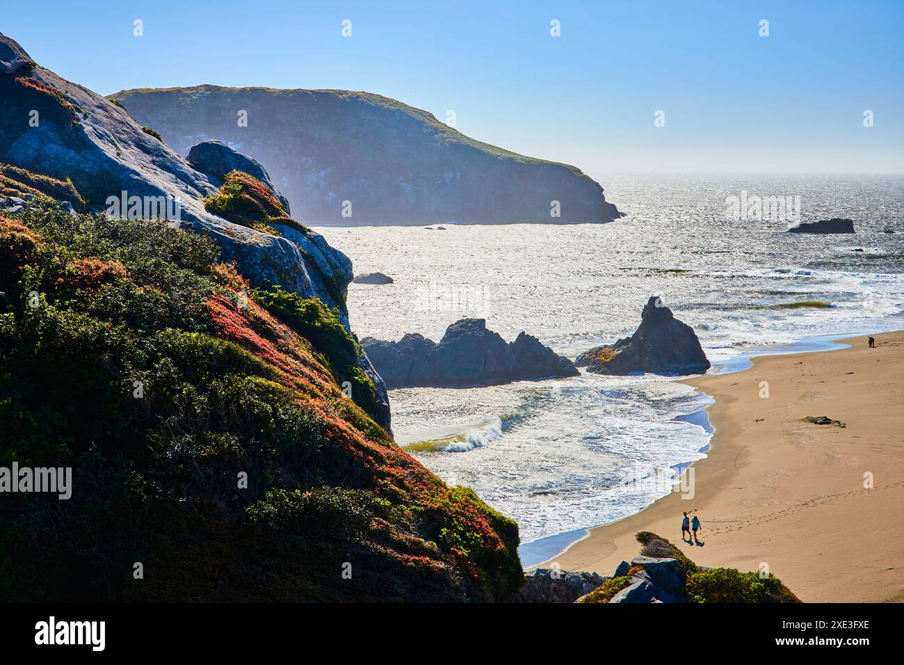Rugged Coastline and Beach Walkers from Cliffside Perspective Stock ...