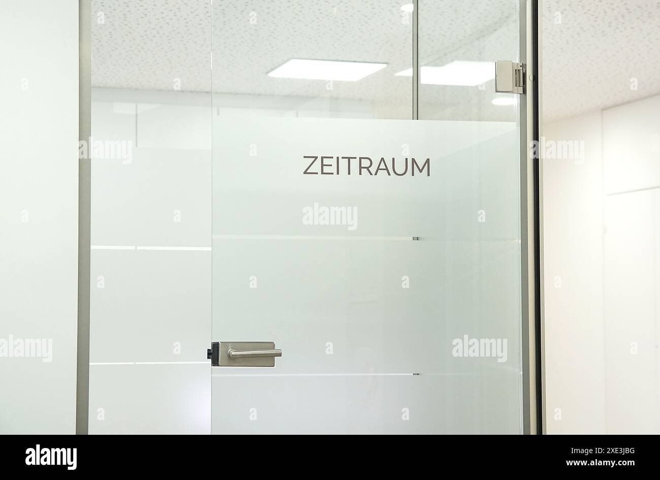 German word ' Zeitraum' engl. 'Waiting Room' text Sign on glass door in ...