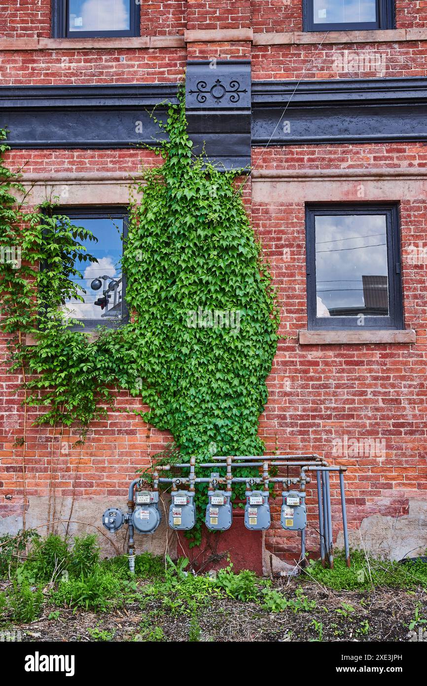 Ivy-Covered Brick Wall with Utility Meters Eye Level Perspective Stock ...