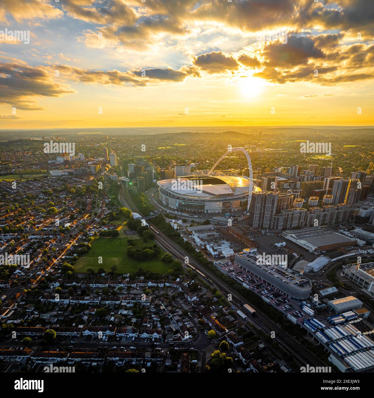 Aerial view of concert at Wembley stadium at sunset in London, England ...