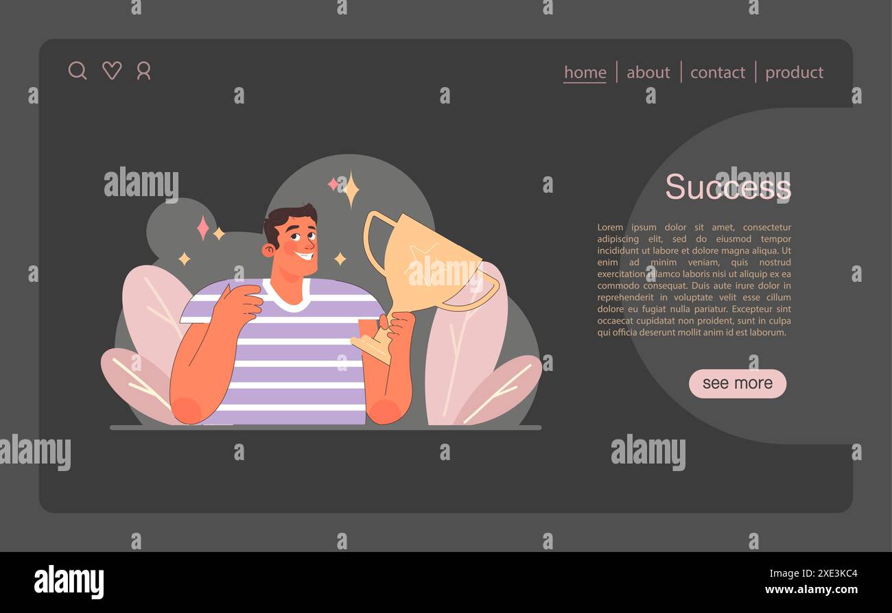 Portrait of Success illustration. An elated man holds a trophy aloft, a ...