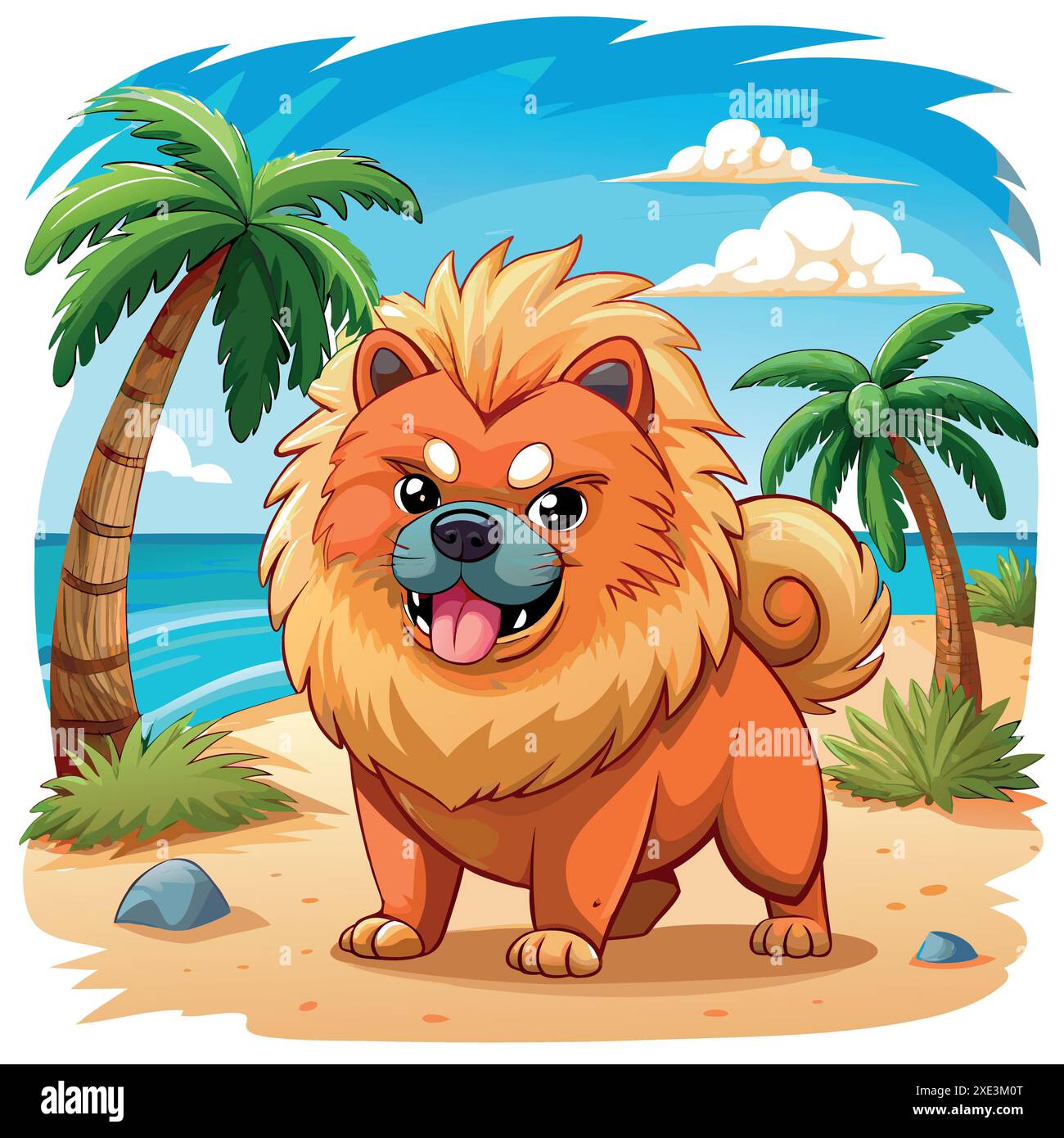 Chow Pom dog intimidated stands beach vector. AI generated image ...