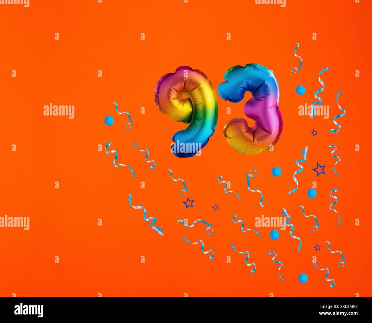 Confetti explosion with number 93 balloon - Celebration on orange ...