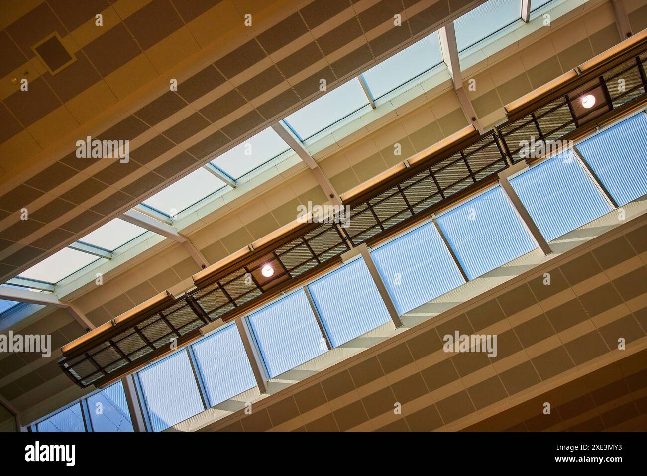 Geometric Beams and Skylights in Modern Ceiling Upward View Stock Photo ...